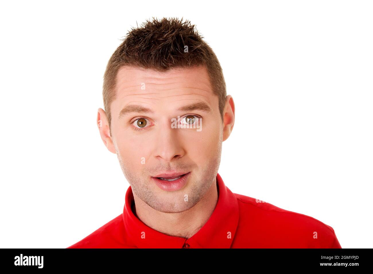 Cheerful handsome Polish man wearing red polo isolated on white ...