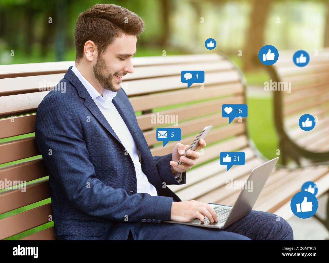 Smiling successful young european businessman chatting outdoors ...