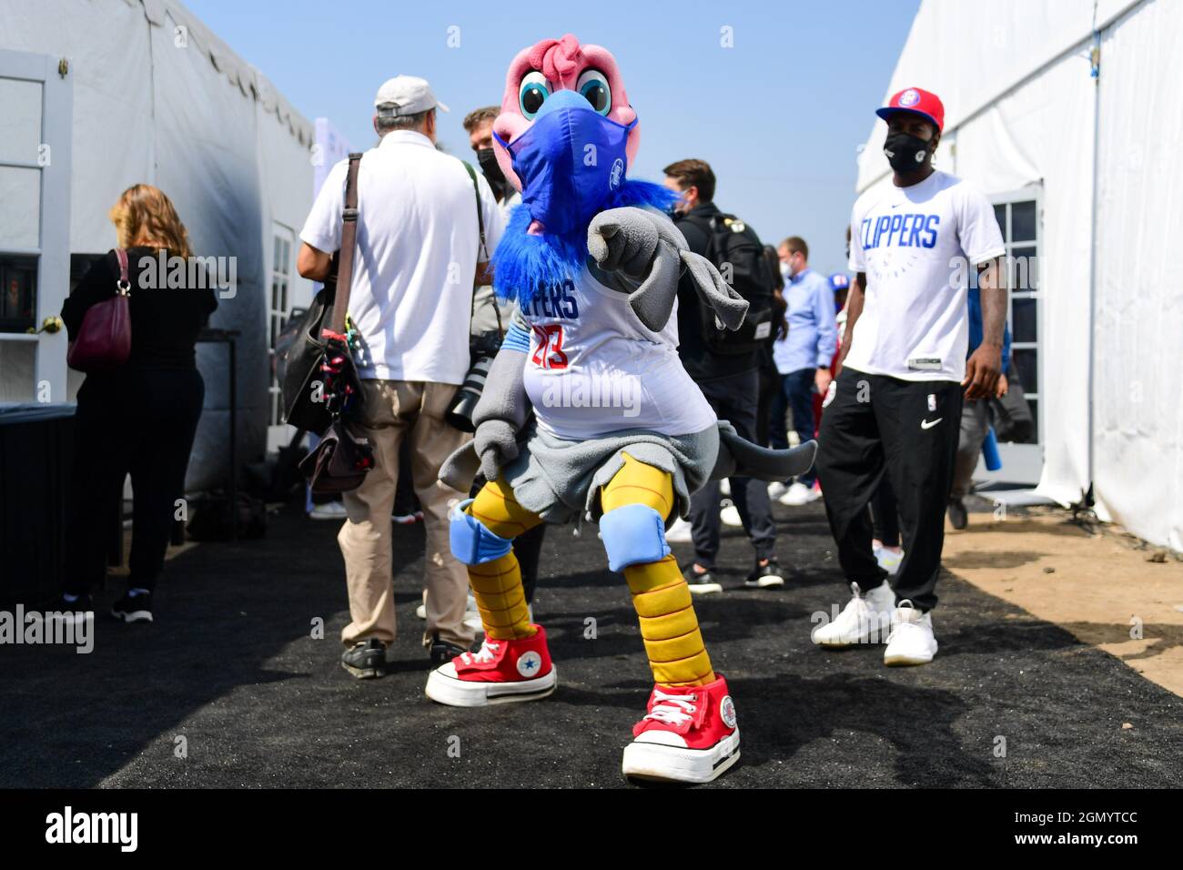 Clippers mascot Chuck poses during a groundbreaking ceremony for the ...