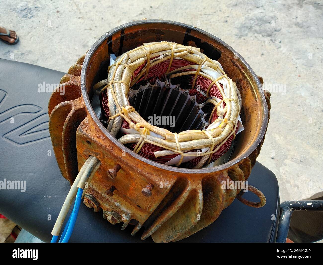 Closeup of an electric motor with its copper wiring visible from the ...