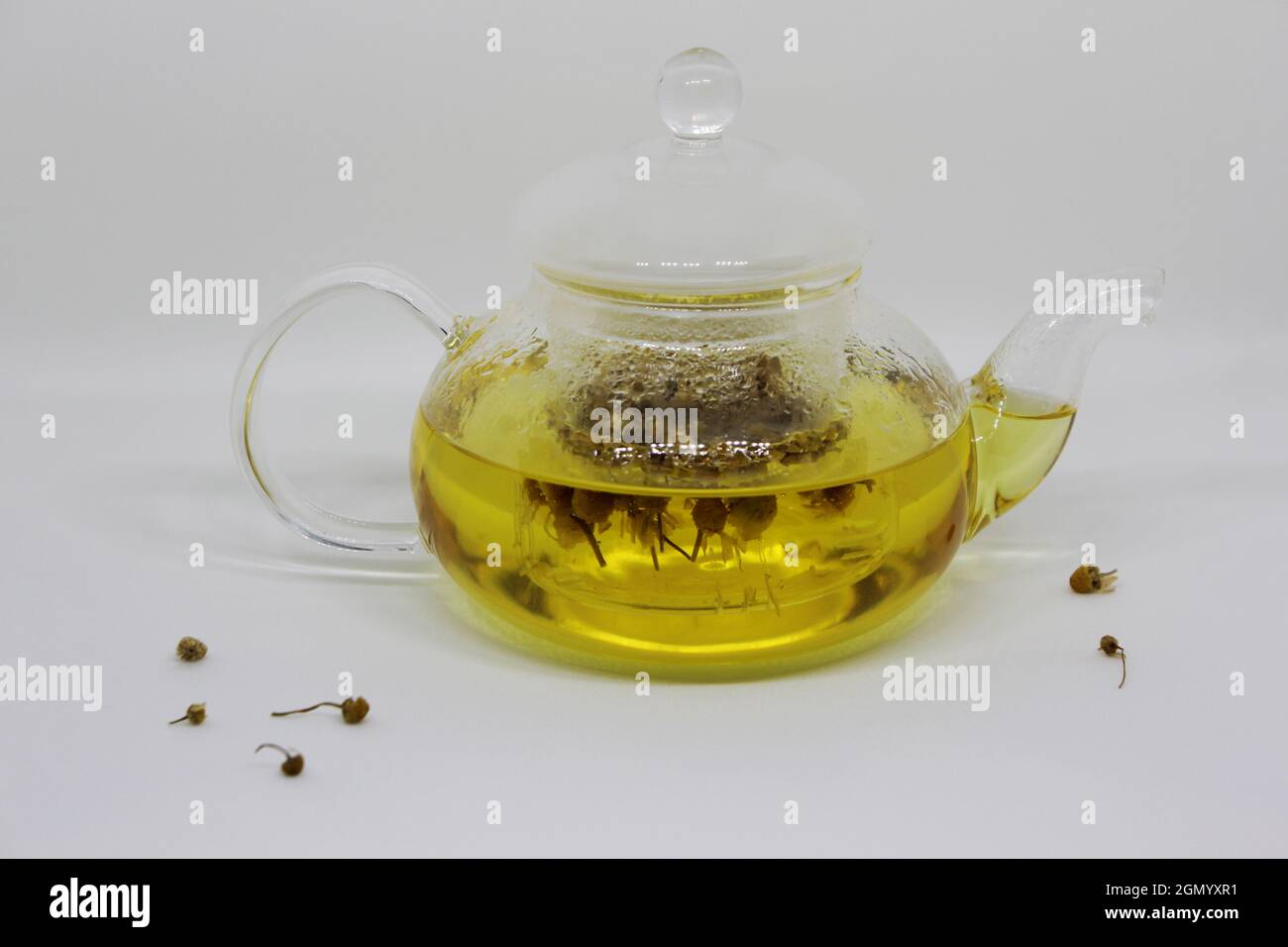 Chamomile flowers brewing in hot water. Herbal Chamomile tea for ...
