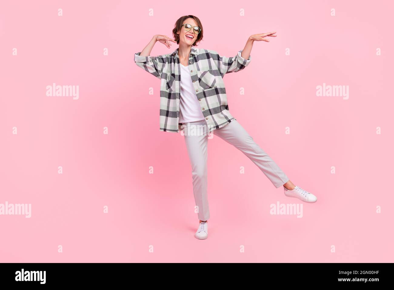 Full body photo of young attractive woman happy positive smile have fun ...