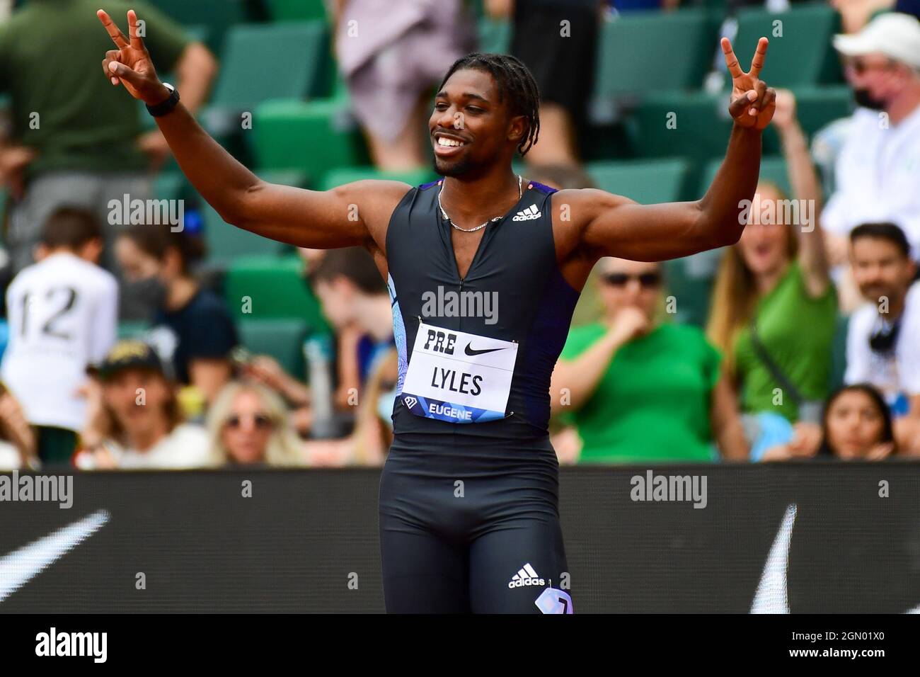 Noah Lyles (CAN) finishes the 200m in 19.52 during the 46th Prefontaine ...