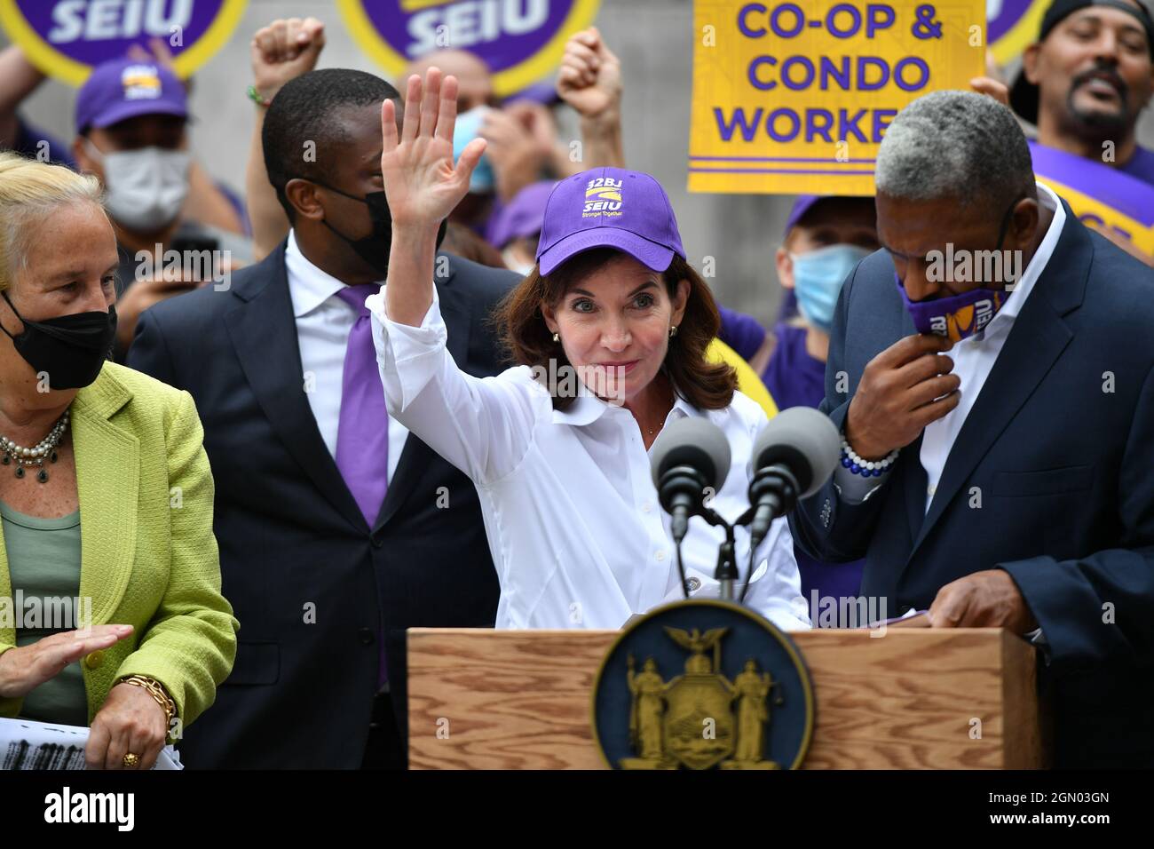 Governor Hochul attends a rally with SEIU 32BJ leadership to highlight ...