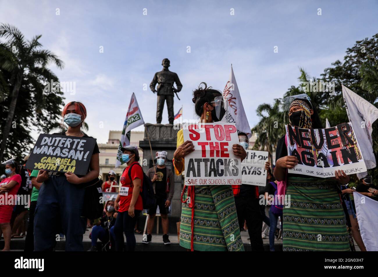 September 21, 2021: Filipino activists hold signs during a protest in ...