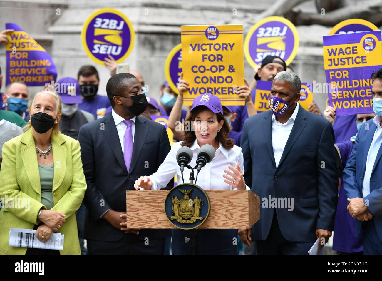 Governor Hochul attends a rally with SEIU 32BJ leadership to highlight ...