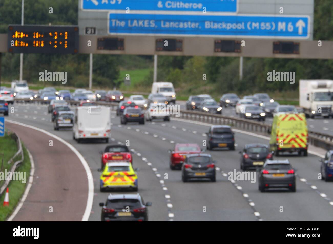 27 August 2021. Junction 31 of the M6 Motorway outside Preston ...