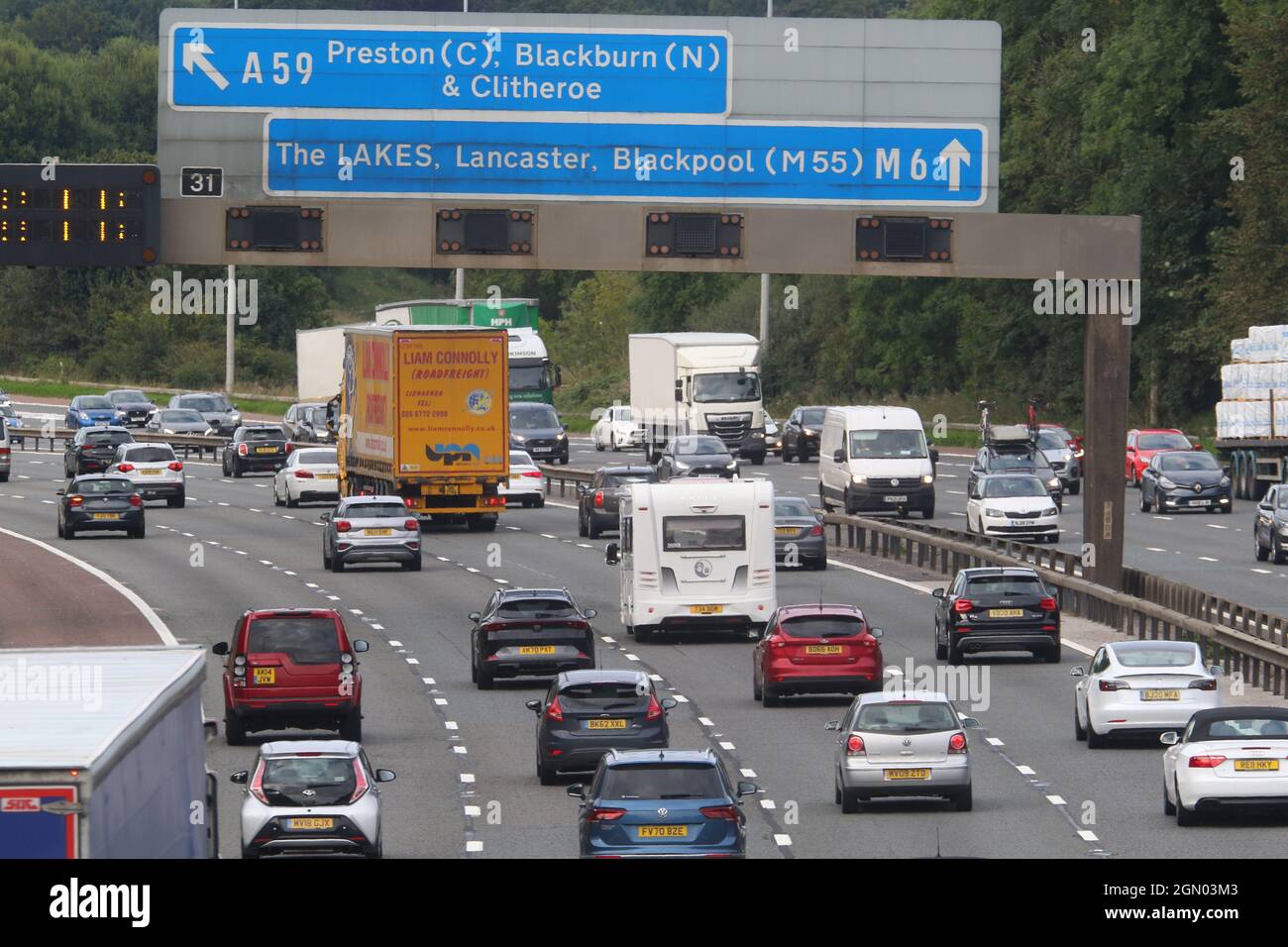 27 August 2021. Junction 31 of the M6 Motorway outside Preston ...