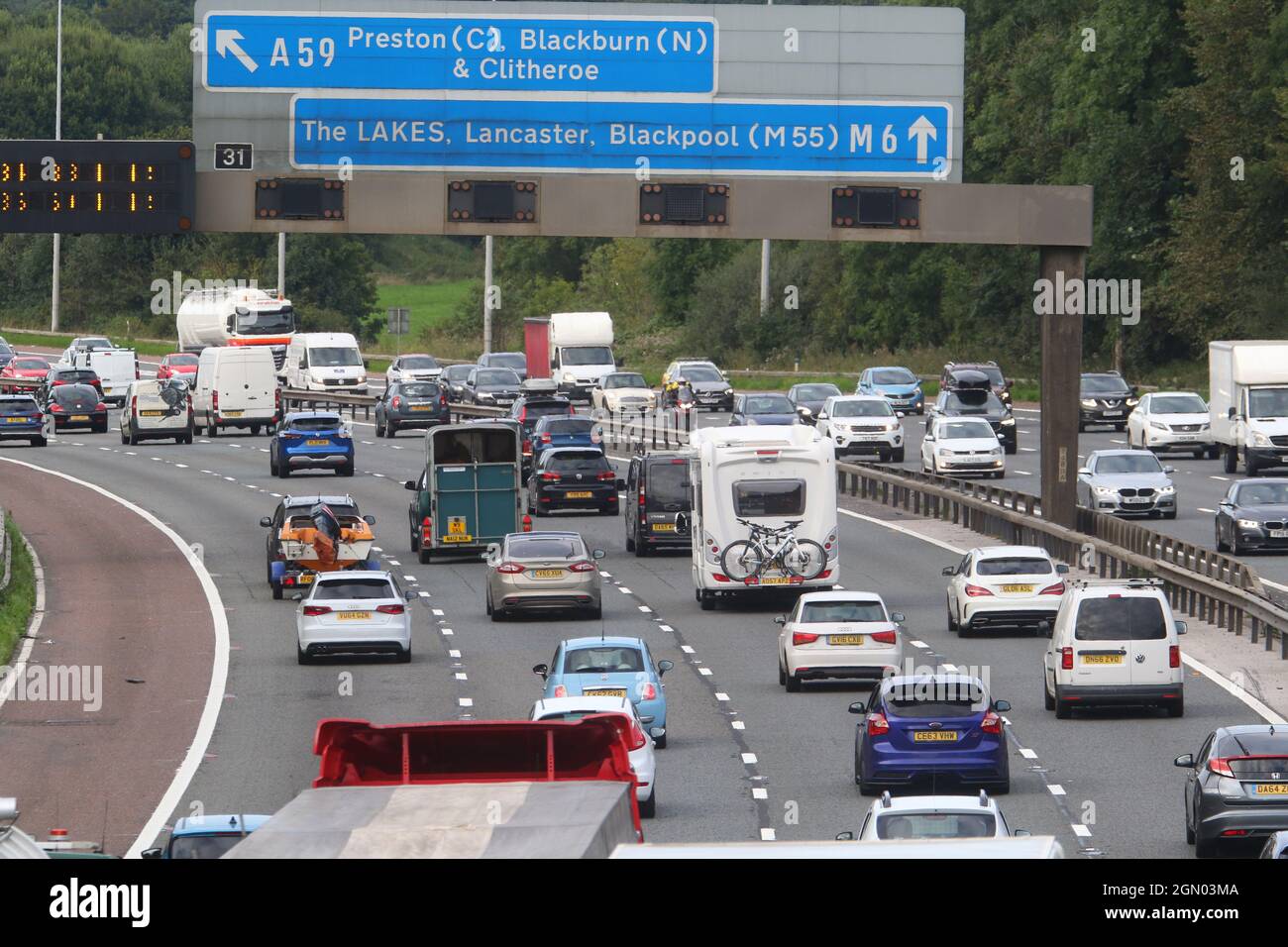 27 August 2021. Junction 31 of the M6 Motorway outside Preston ...