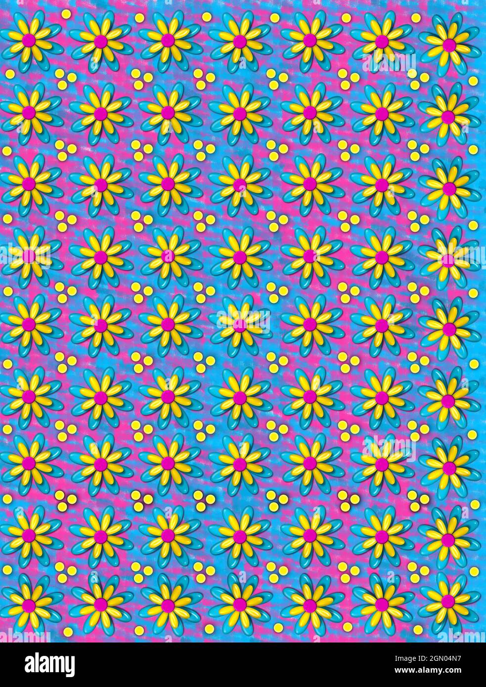 3D background has three layer flowers and yellow polka dots. Smudges of ...
