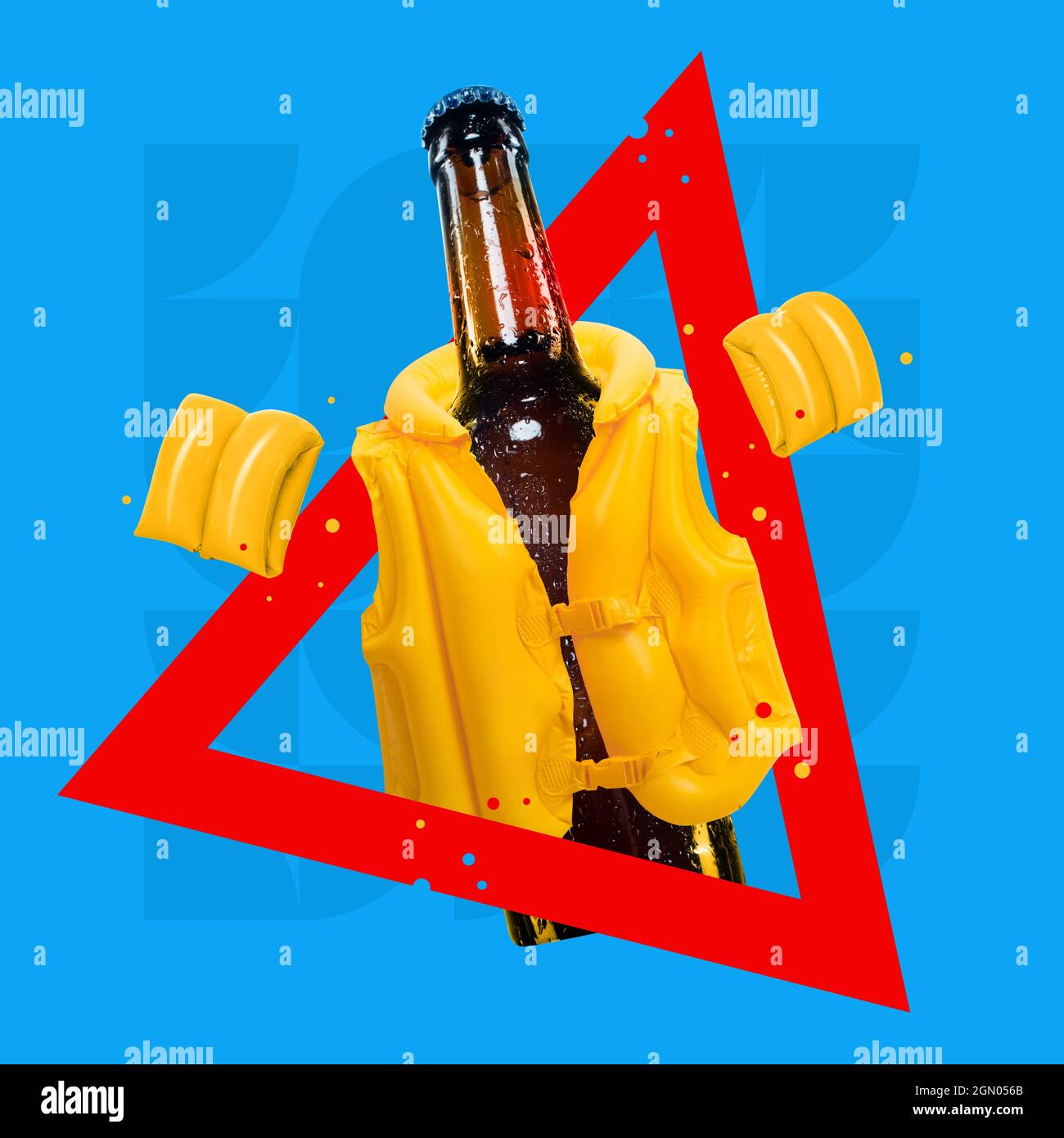Contemporary art collage. Bottle of cold beer in life vest in red ...