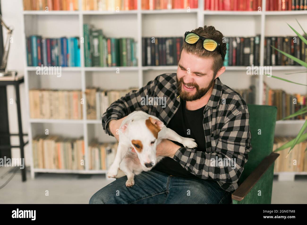 Happy male owner of jack russell terrier dog, feels responsibility of ...