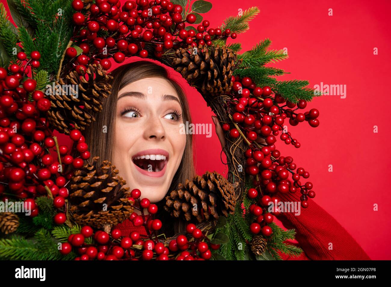 Photo Of Impressed Millennial Lady Look Empty Space Door Decoration