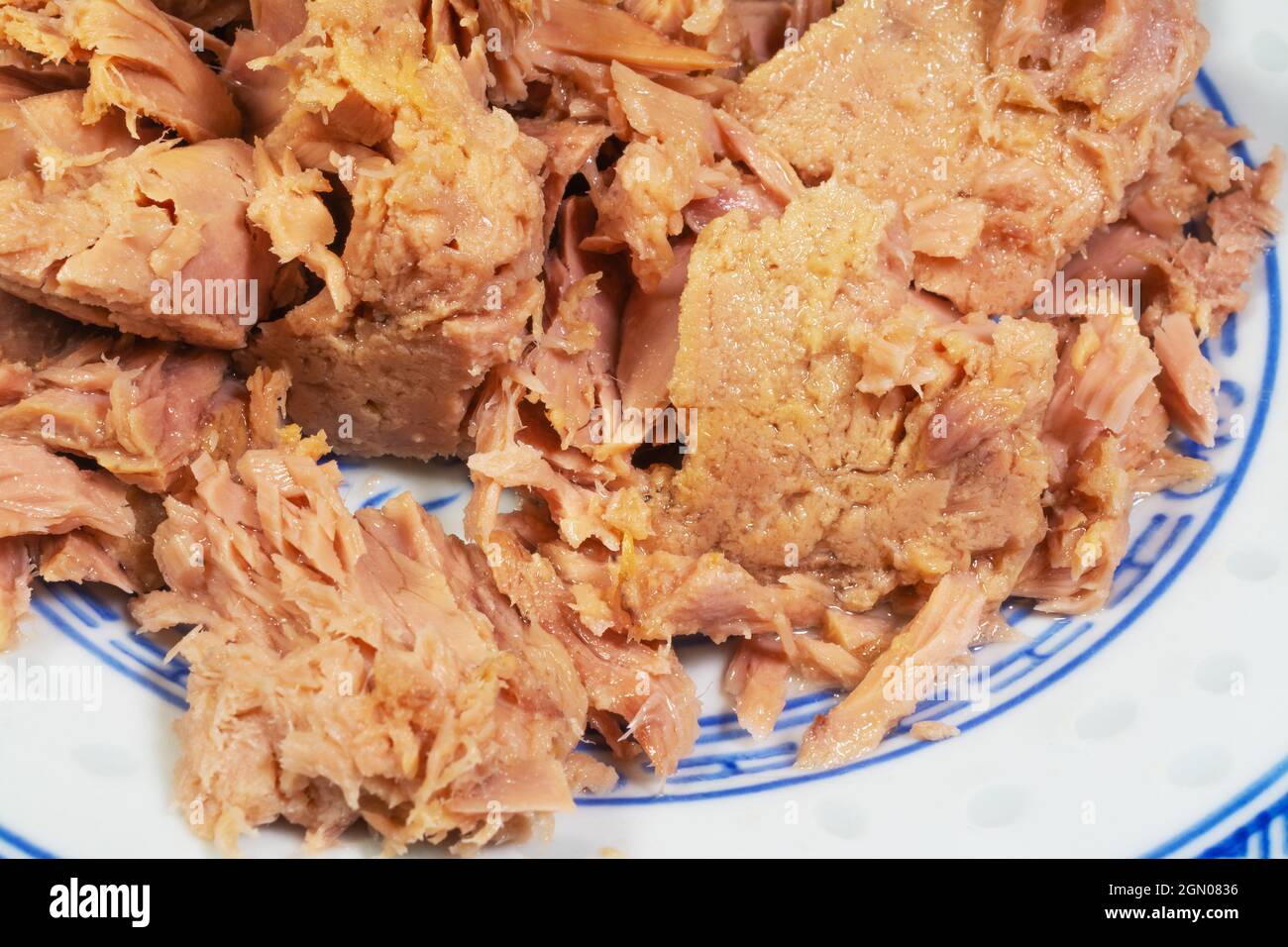 Canned tuna fish chunks in oil on a chinaware plate Stock Photo - Alamy