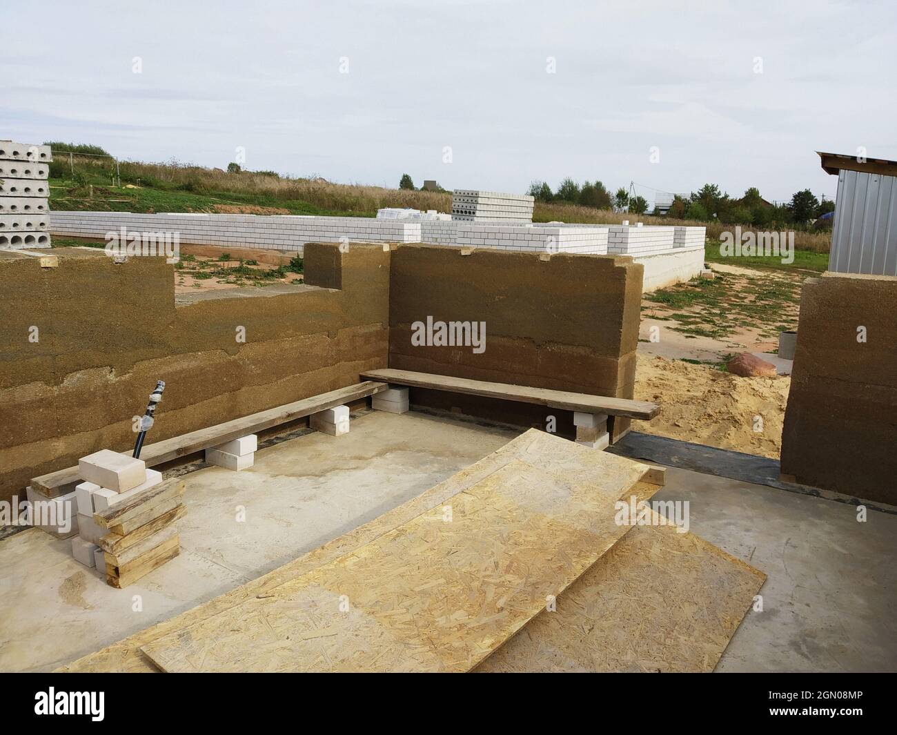 The Wooden framework for foundation in the land on background sky ...