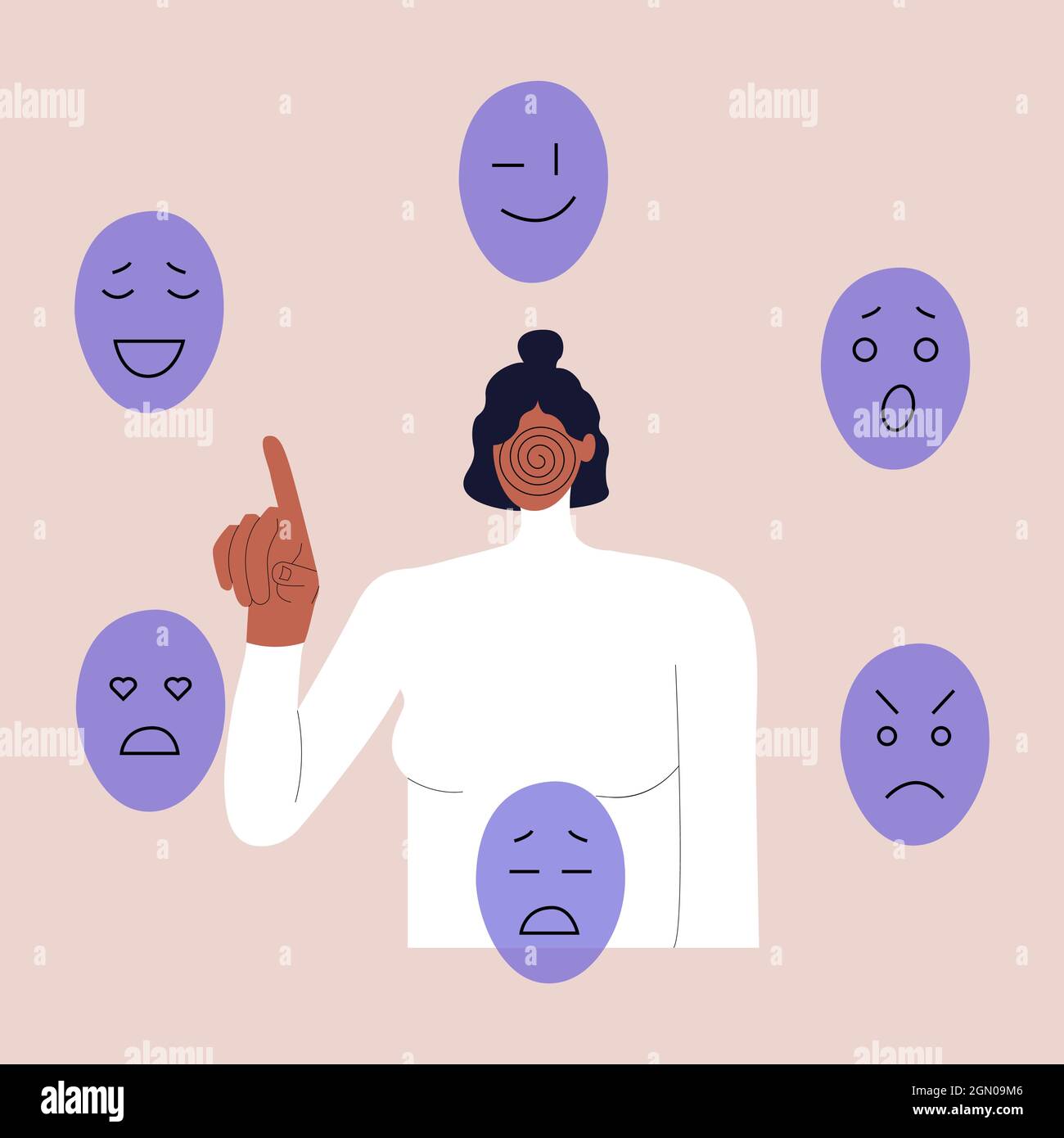 A black feminine character chooses a mask to express various emotions ...