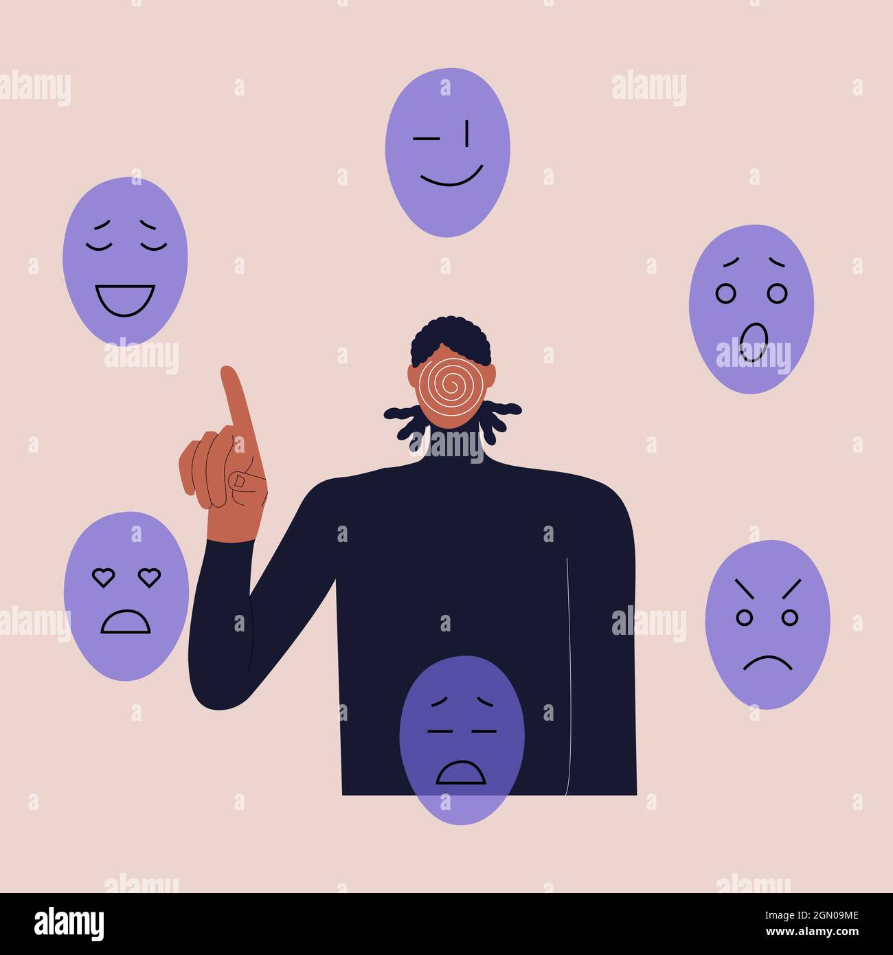 A black man without a face chooses a mask to express various emotions ...