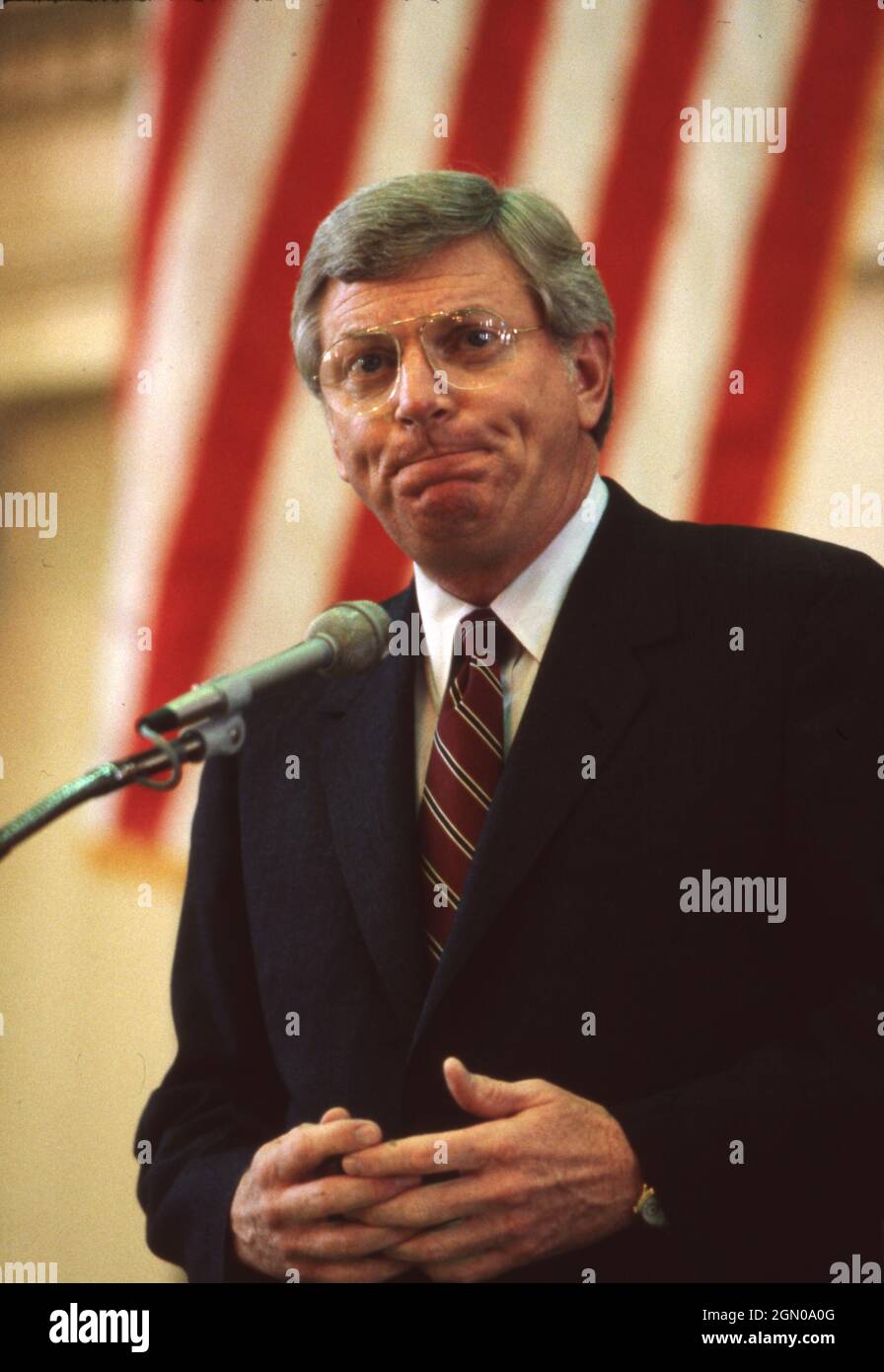 Austin Texas USA, circa 1985: Democratic Governor MARK WHITE performing ...