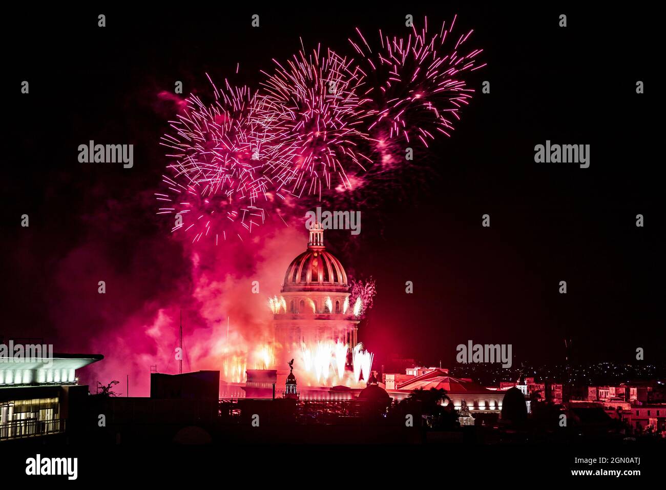 Famous National Capitol Building during fireworks in Havana, Cuba Stock ...
