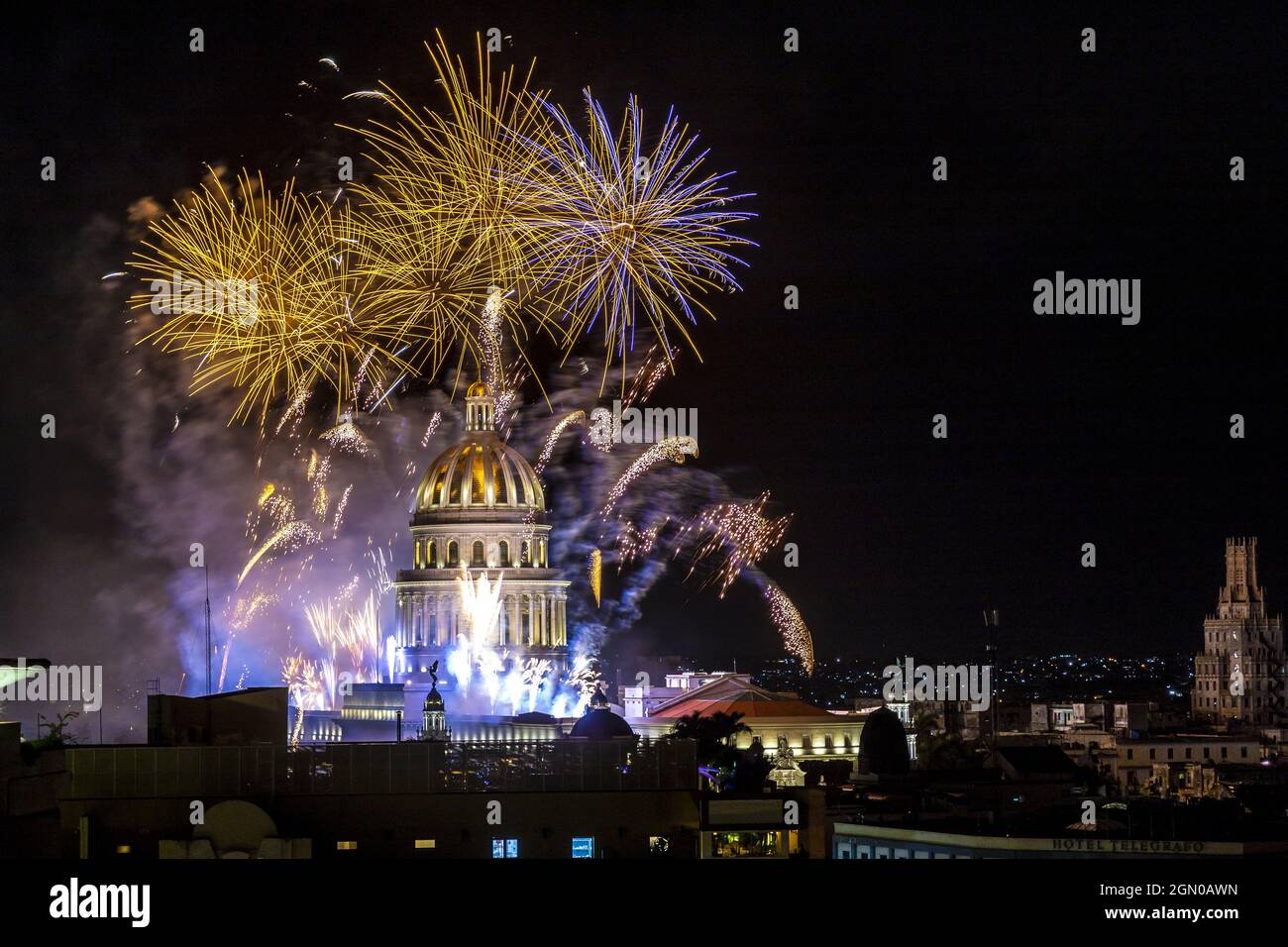 Famous National Capitol Building during fireworks in Havana, Cuba Stock ...