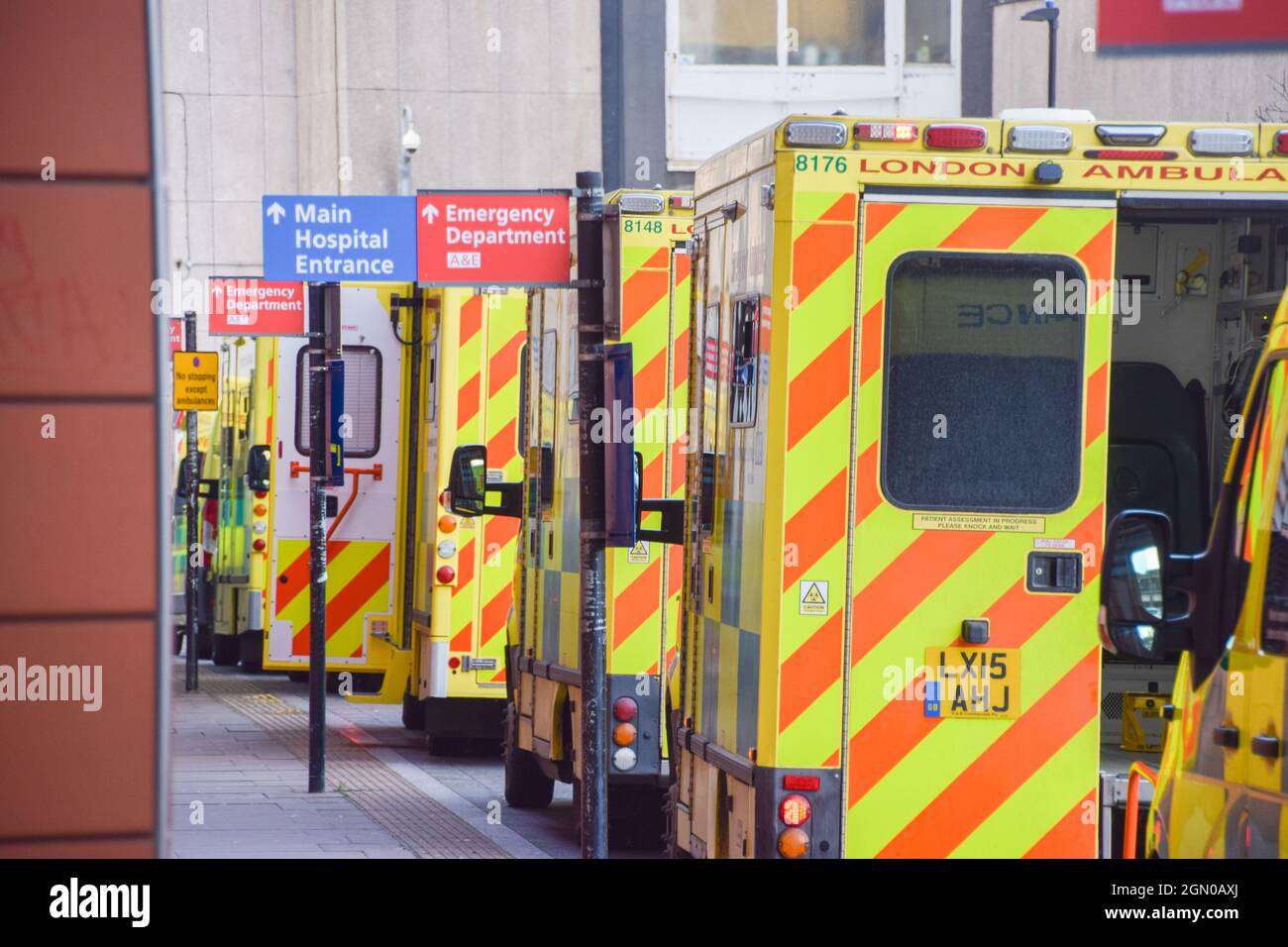 London, United Kingdom 28 January 2021. Ambulance vehicles at the Royal ...