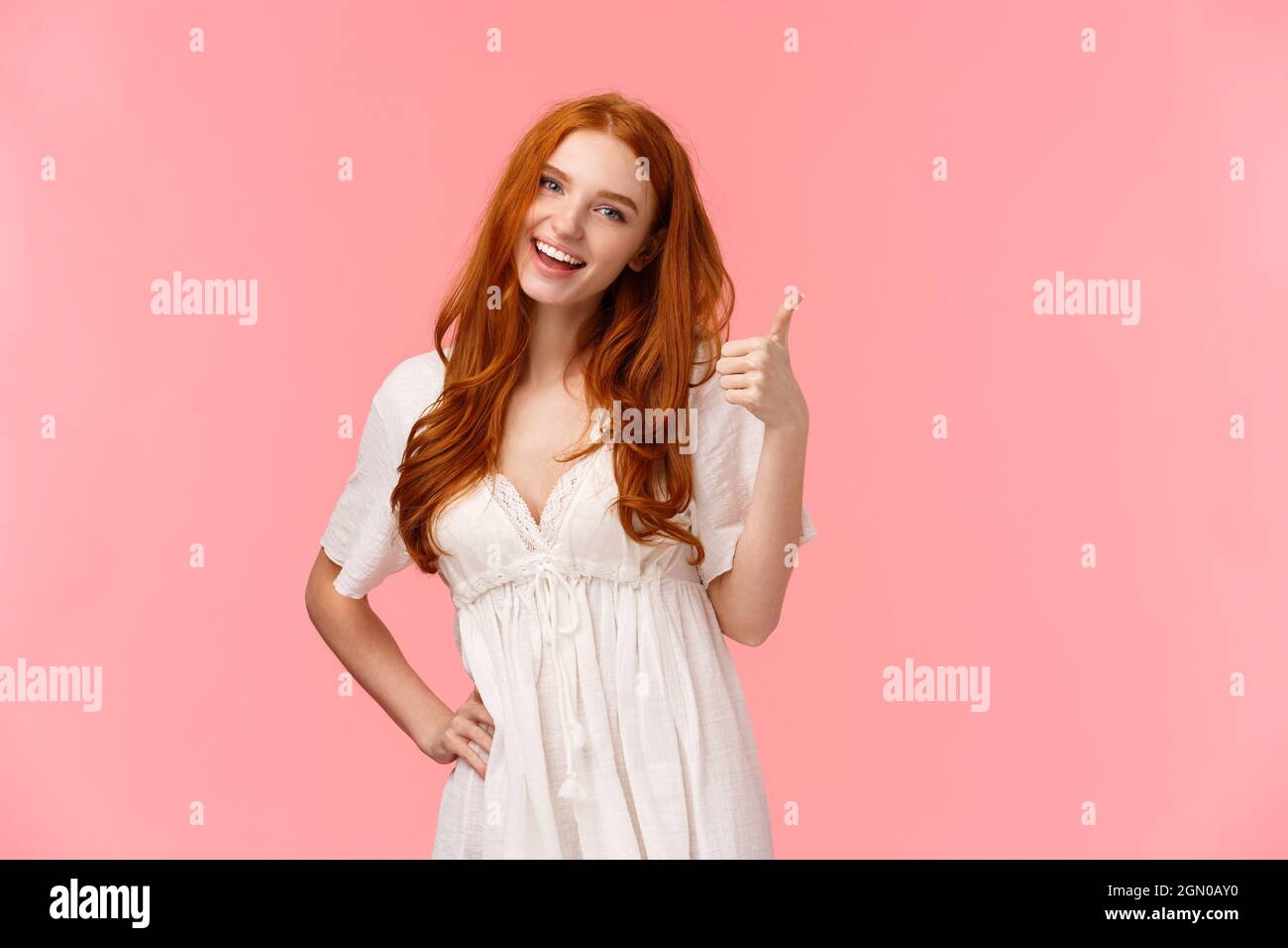 Confident good-looking redhead optimistic girl, saying everything be ...