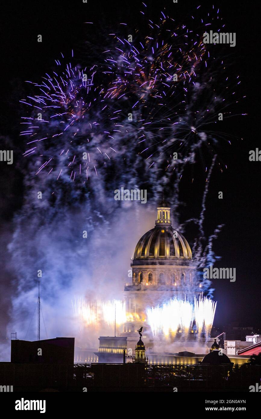 Famous National Capitol Building during fireworks in Havana, Cuba Stock ...
