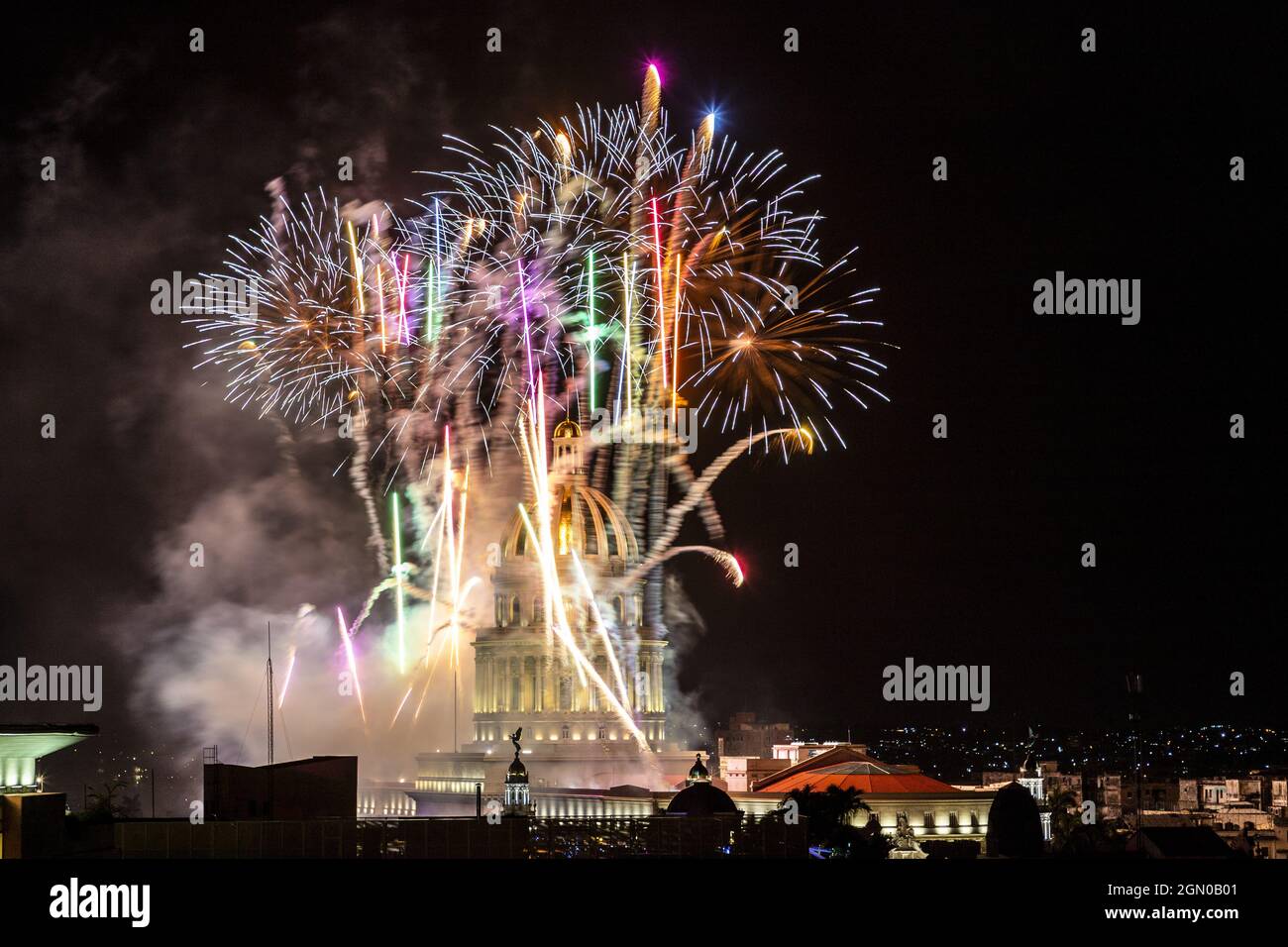 Famous National Capitol Building during fireworks in Havana, Cuba Stock ...