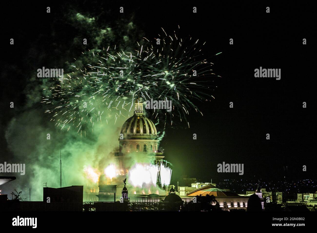 Famous National Capitol Building during fireworks in Havana, Cuba Stock ...