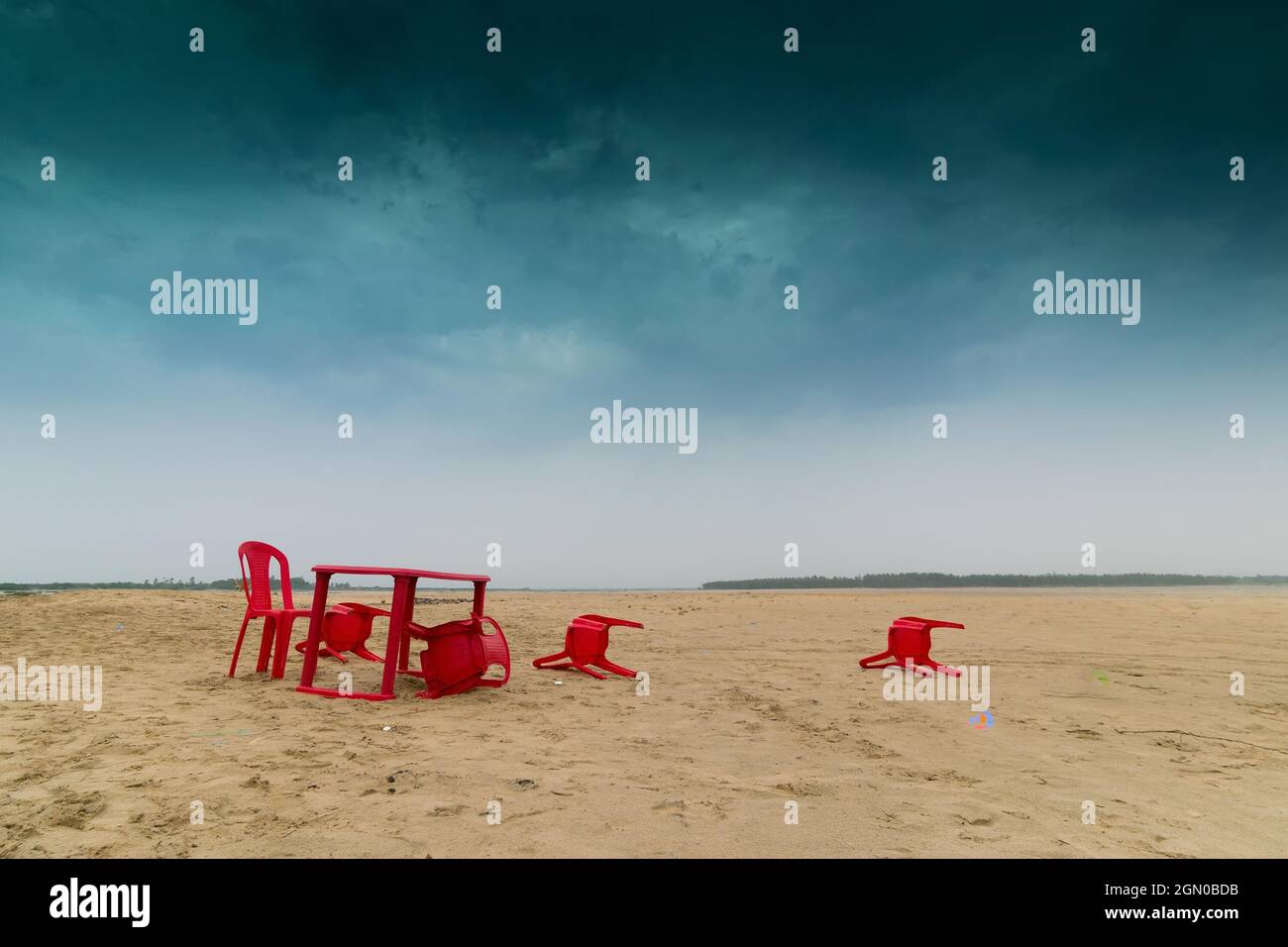 Chairs and tables are fallen off after a storm at Tajpur sea shore ...