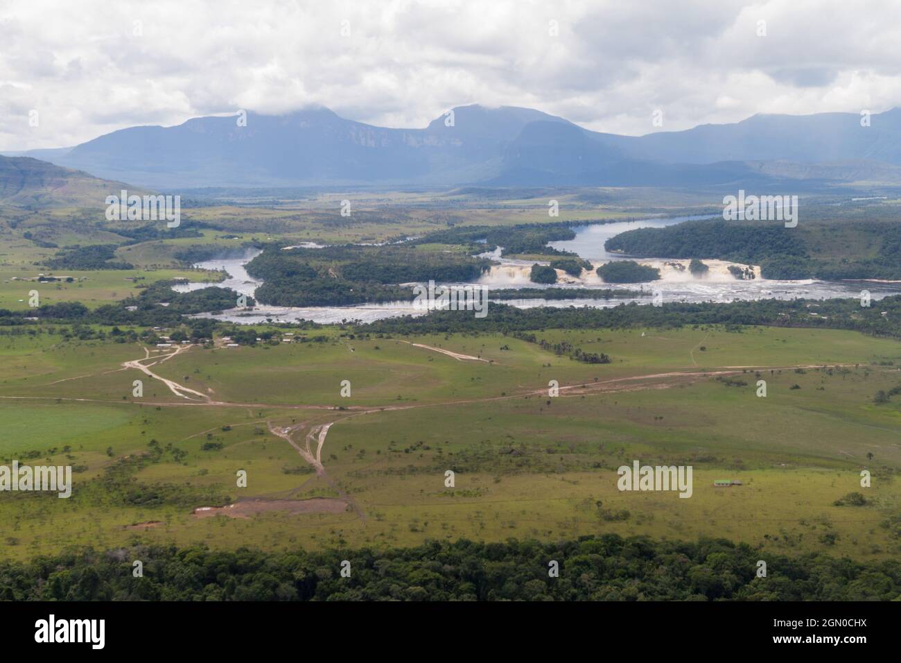 Aerial view of Canaima Lagoon waterfalls at river Carrao in Venezuela ...