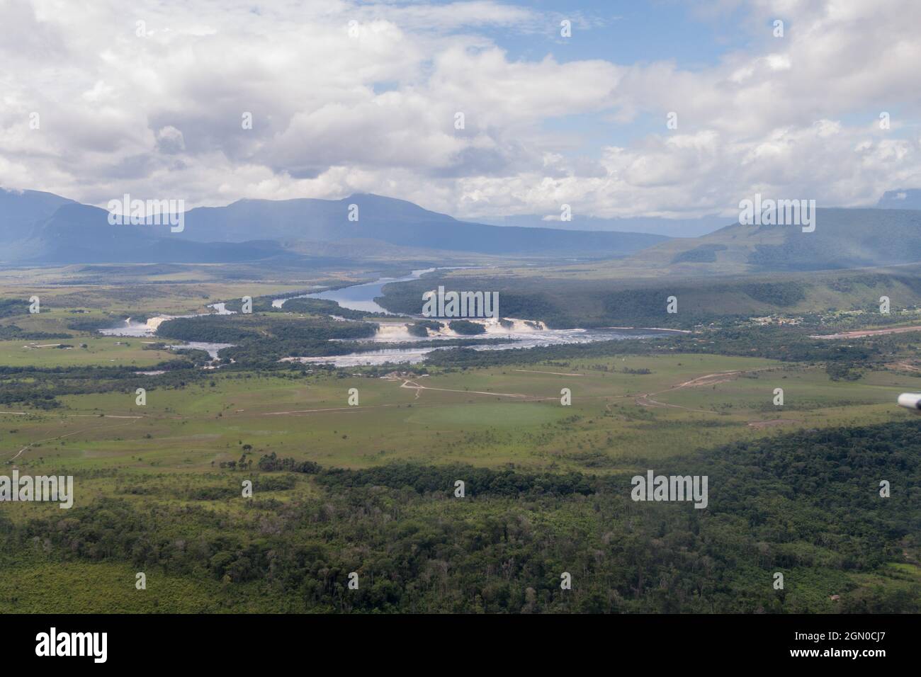 Aerial view of Canaima Lagoon waterfalls at river Carrao in Venezuela ...
