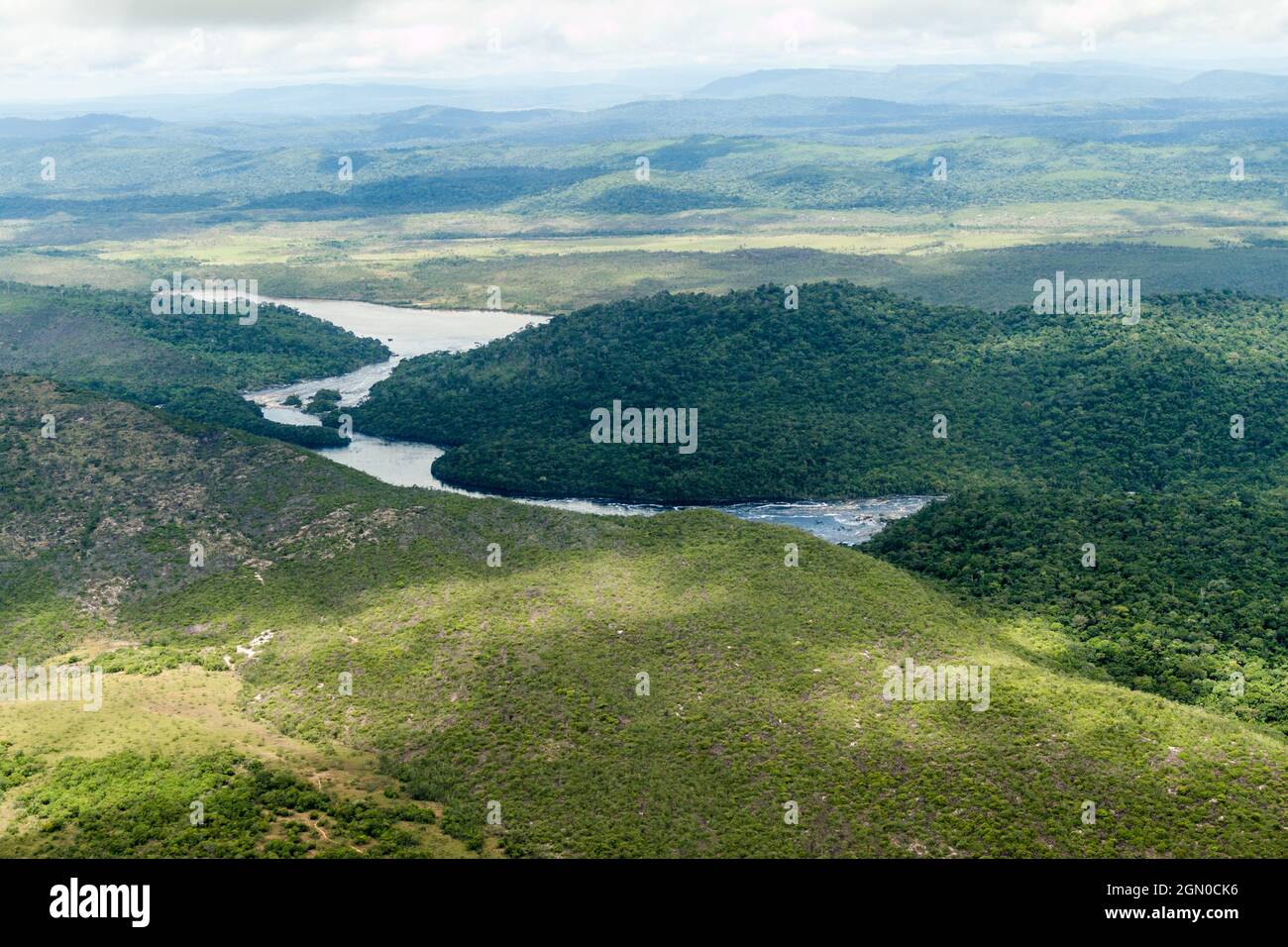 Aerial view of river Carrao flowing into river Caroni in Venezuela ...