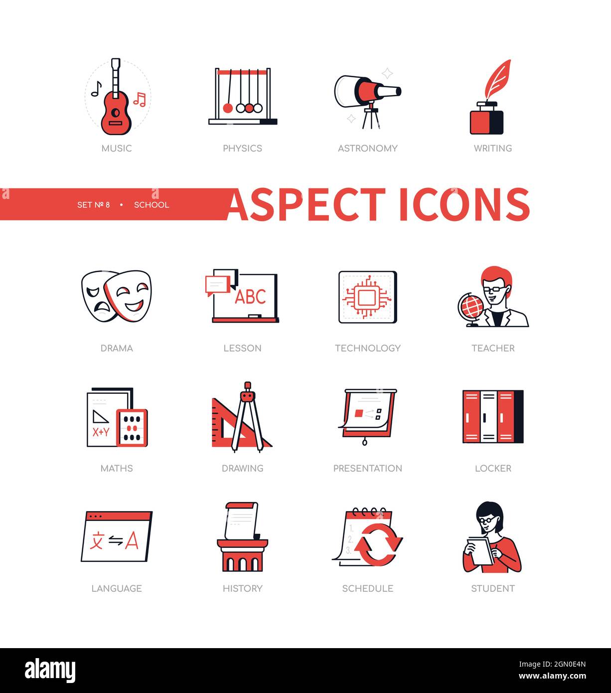 School - modern line design style icon set with red flat elements ...