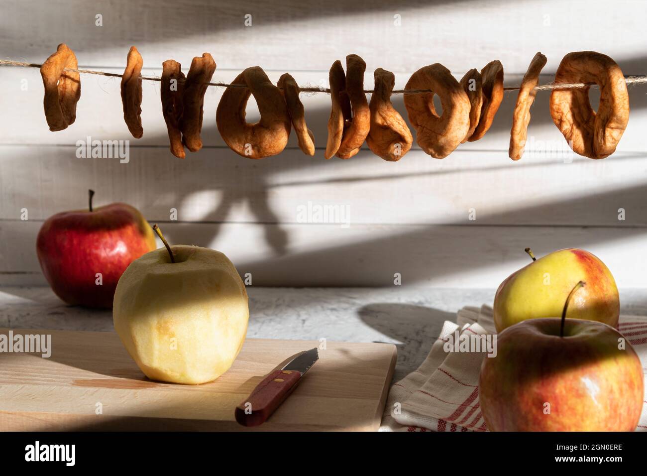 Ripe apples and drying and apples in the barn. Harvesting and drying ...