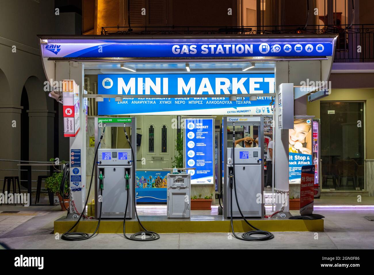 petrol station, zakynthos, gas station night time, lit, lighting, small ...