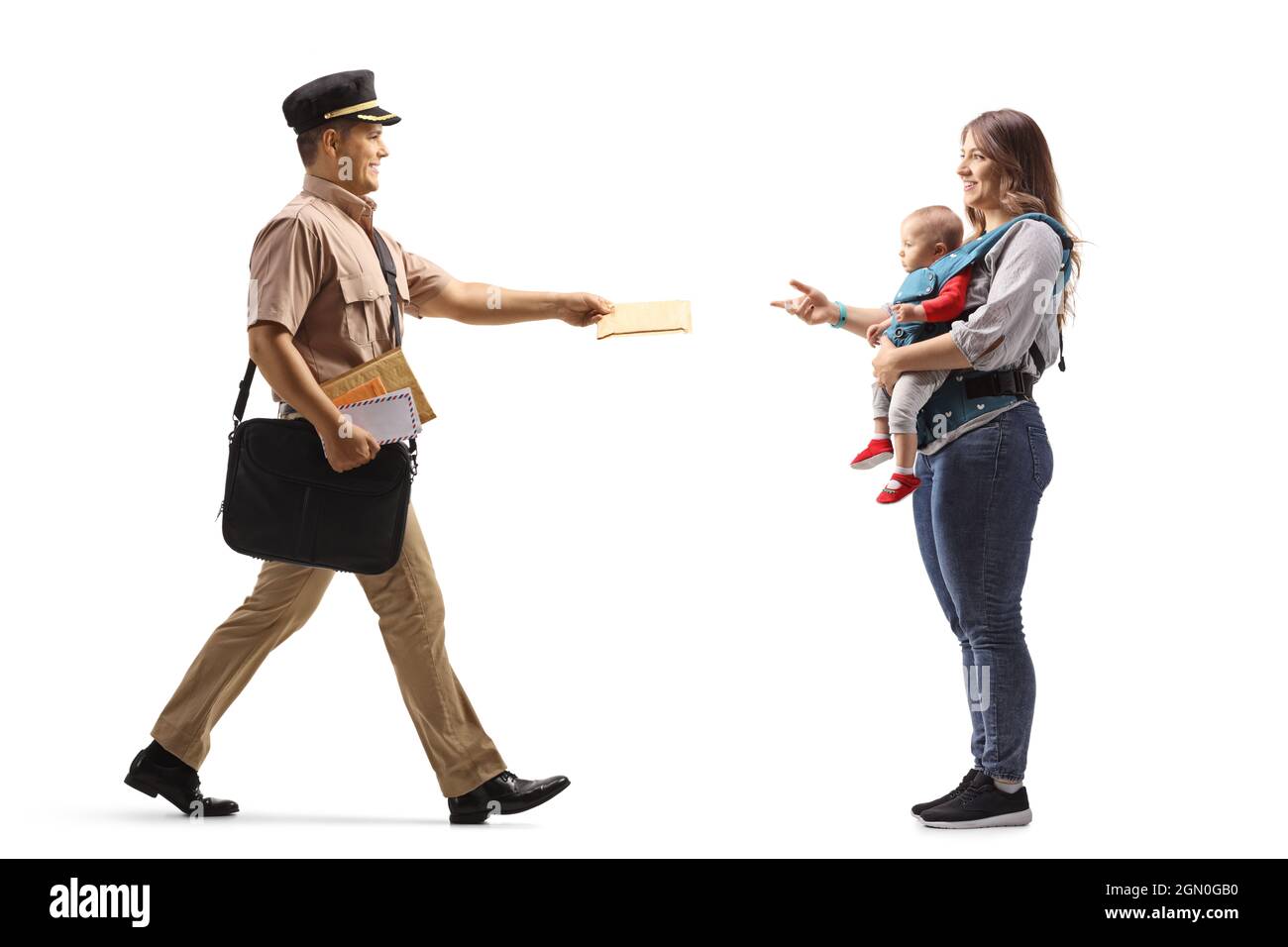 Full length profile shot of a mailman delivering letter to a mother ...