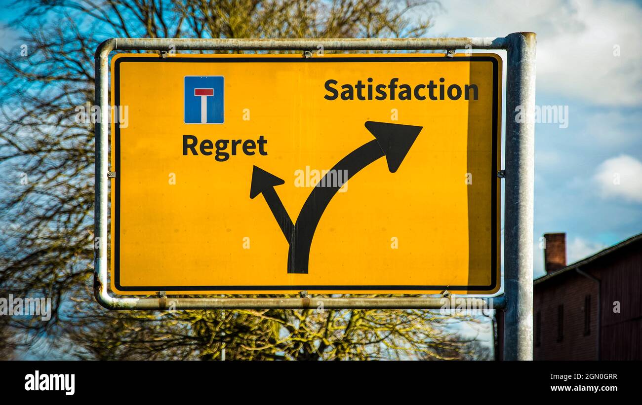Street Sign the Direction Way to Satisfaction versus Regret Stock Photo ...