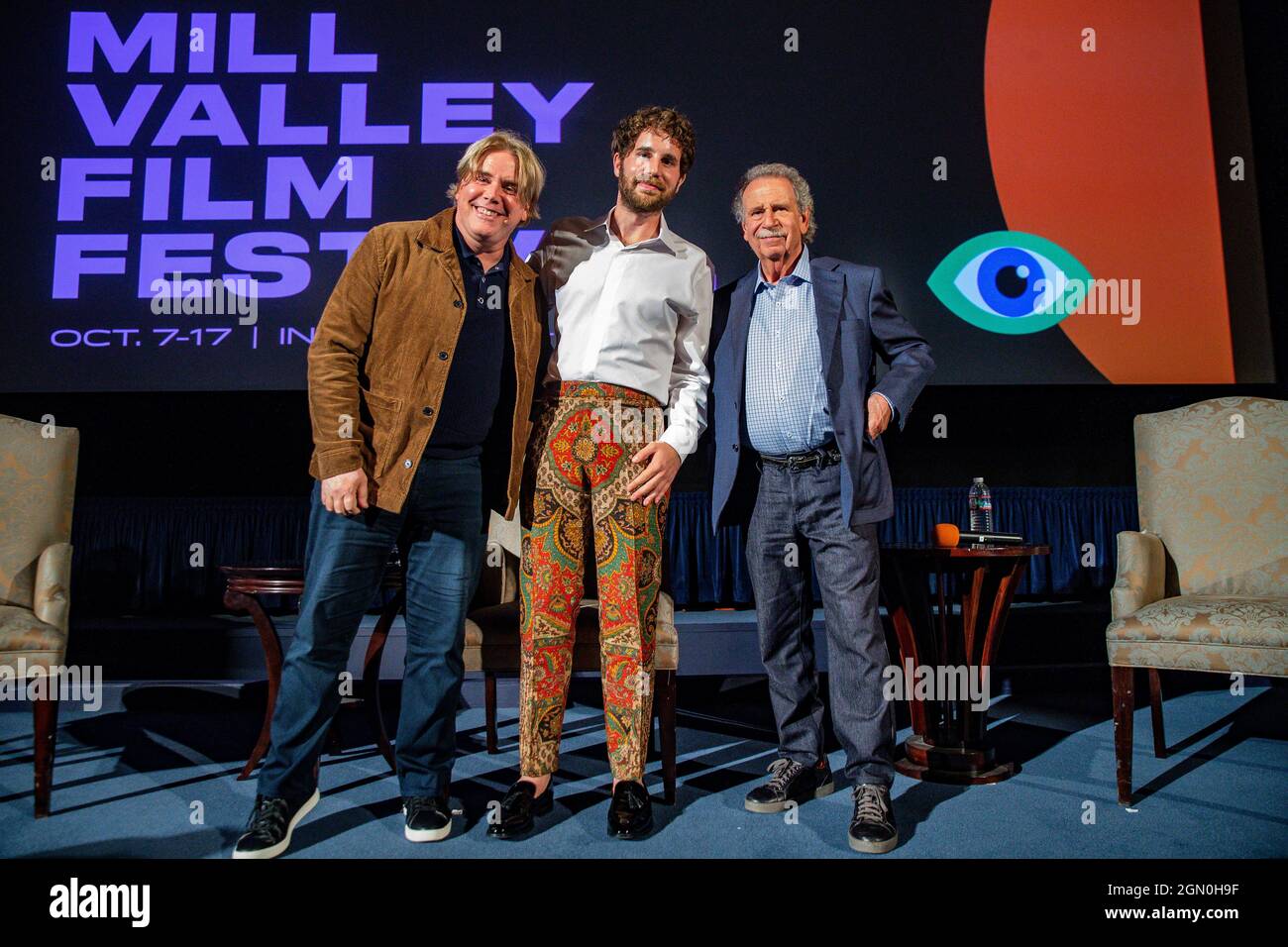 Stephen Chbosky, Mark Fishkin and Ben Platt pose onstage during a Q&A ...