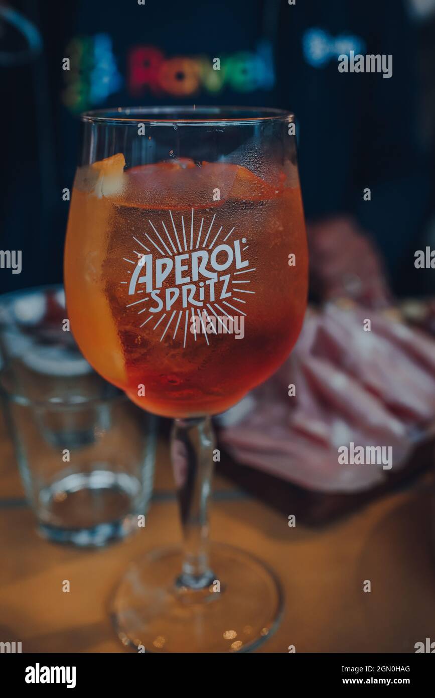 London, UK - September 03, 2021: Close up of a full glass of Aperol ...
