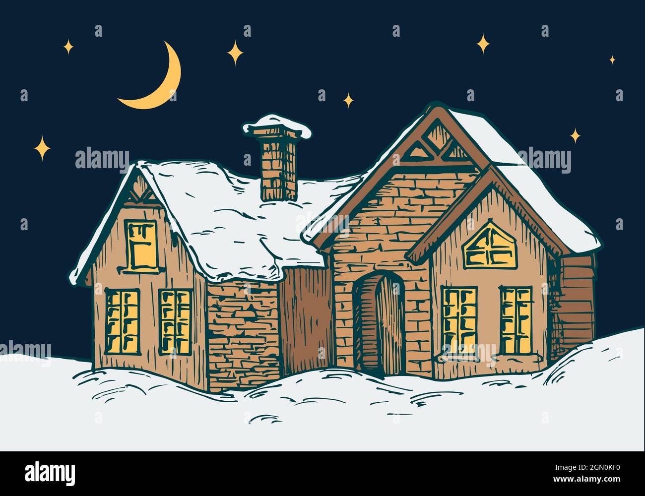 Old House in the Night Covered with Snow. Hand Drawn Building Landscape ...