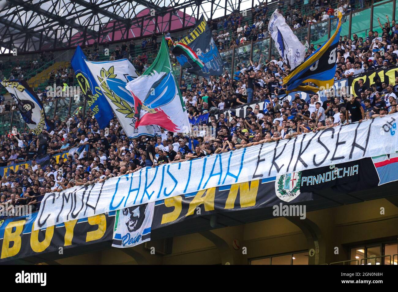 Italy, Milan, sept 18 2021: fc Inter supporters wave the flags and show ...