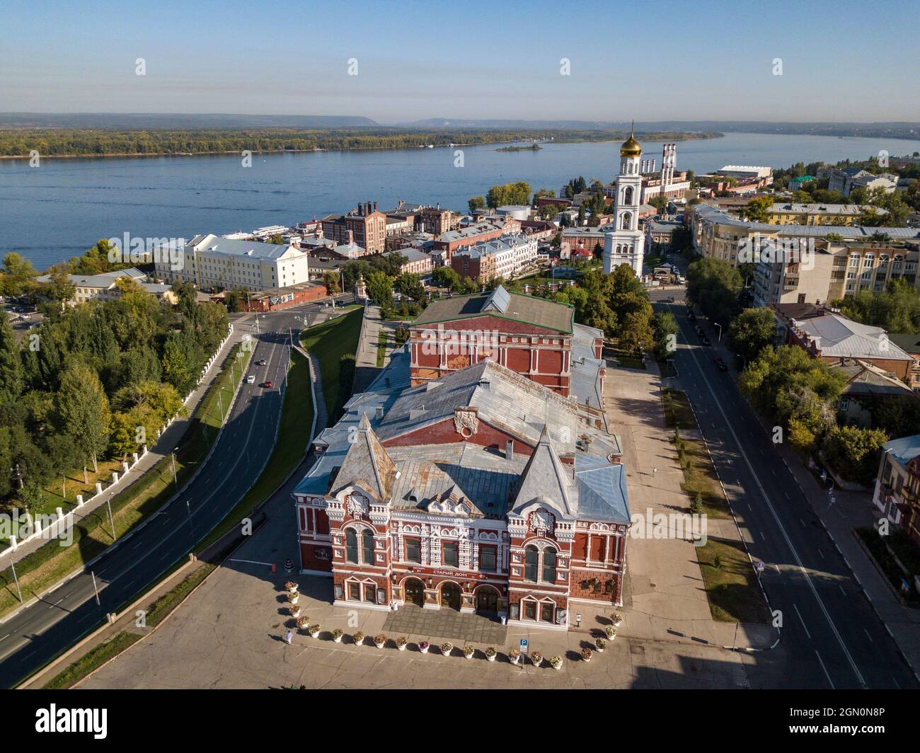 Aerial view of Samara Academic Drama Theater and Volga River, Samara ...