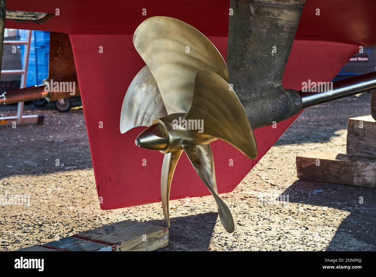 Closeup shot of a polished propeller of a boat in dry dock Stock Photo ...