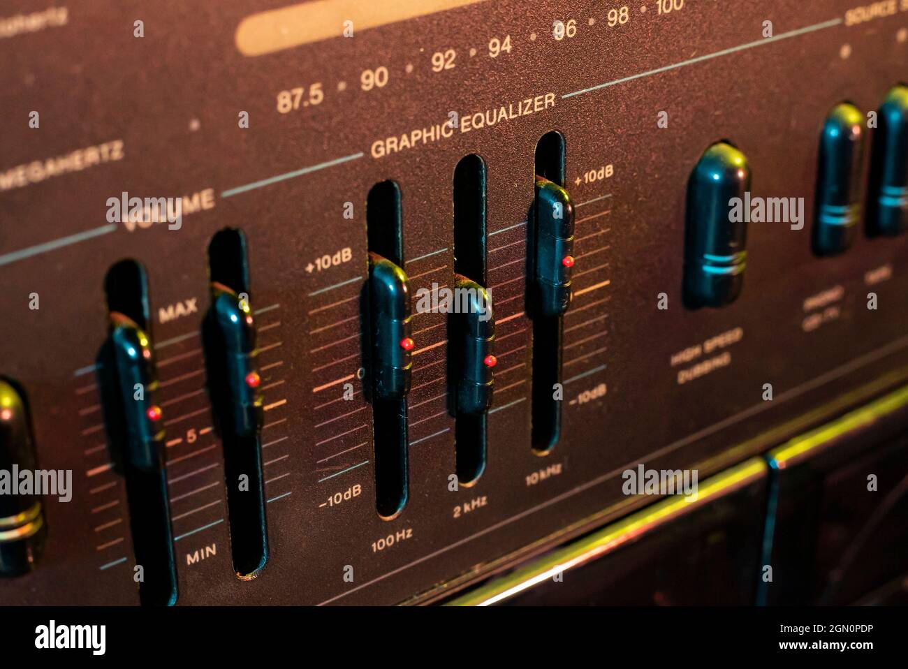 Volume and equalizer controller detail in an old stereo equipment Stock ...