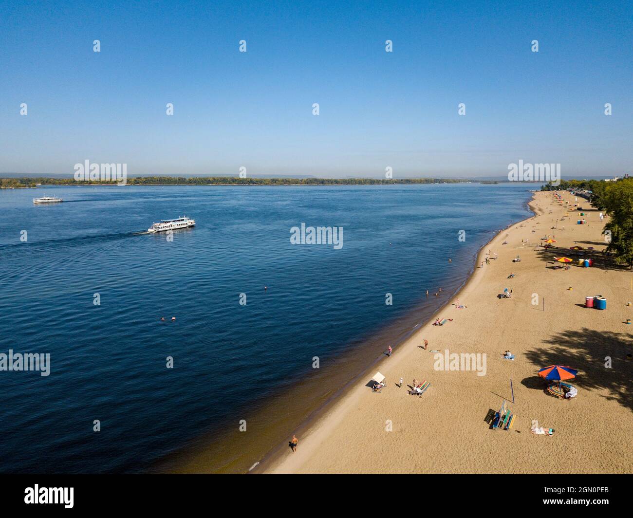 Aerial view of beach along Volga River, Samara, Samara District, Russia ...