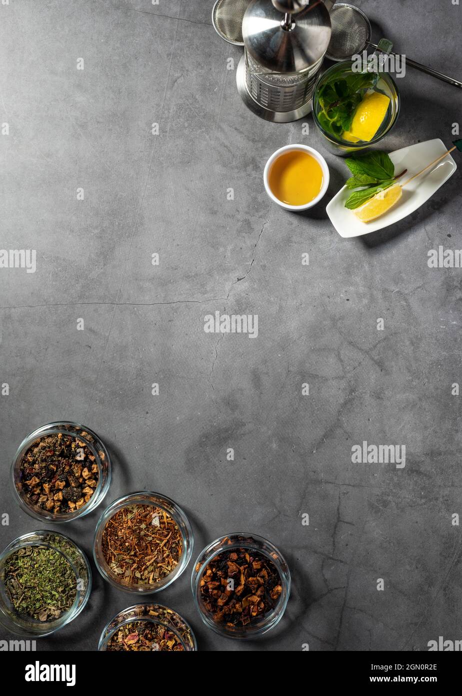 Creative layout made with tea, green tea, black tea and various fruit ...