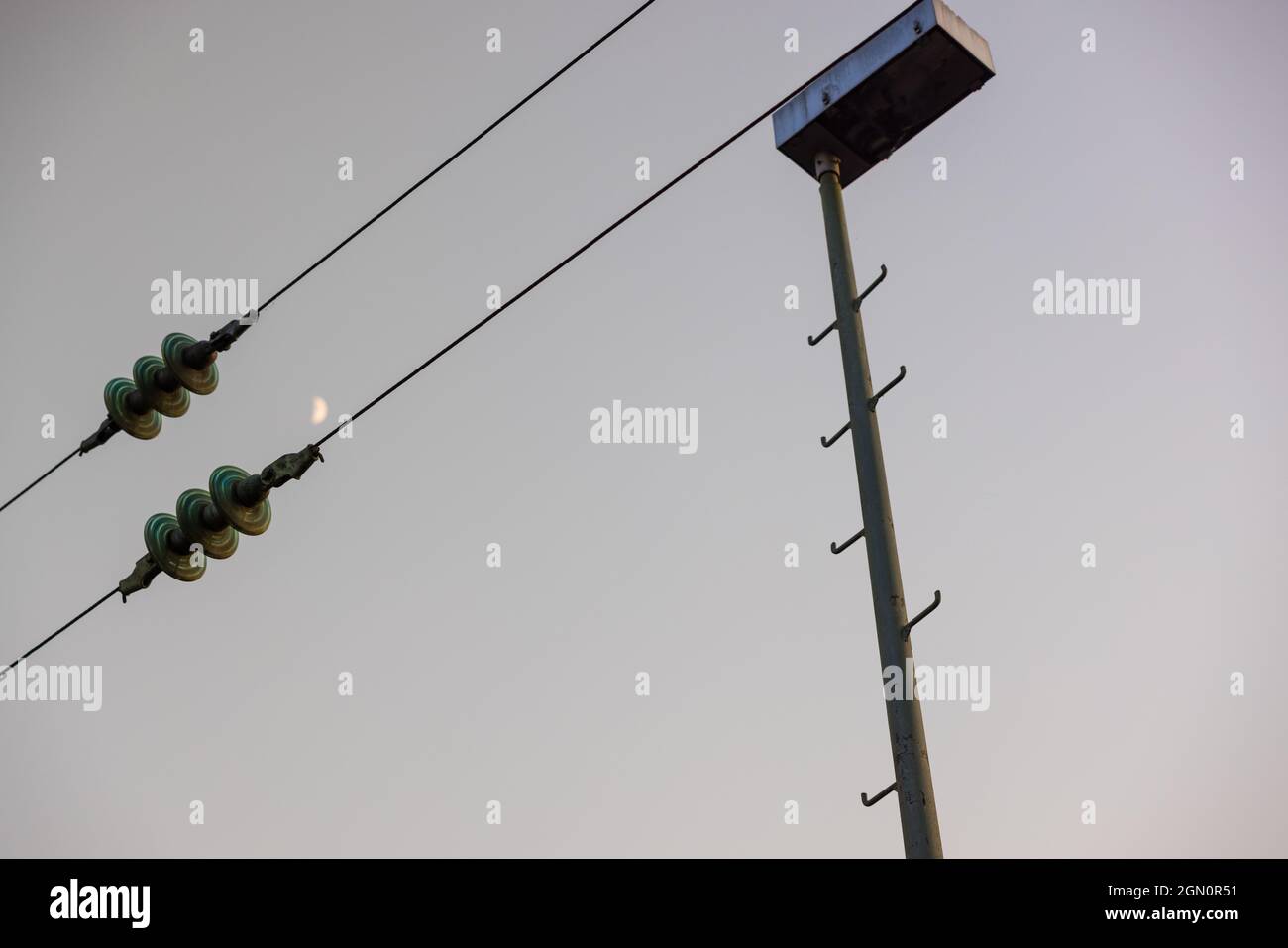 Catenary with high current conductors for the railway on the background ...