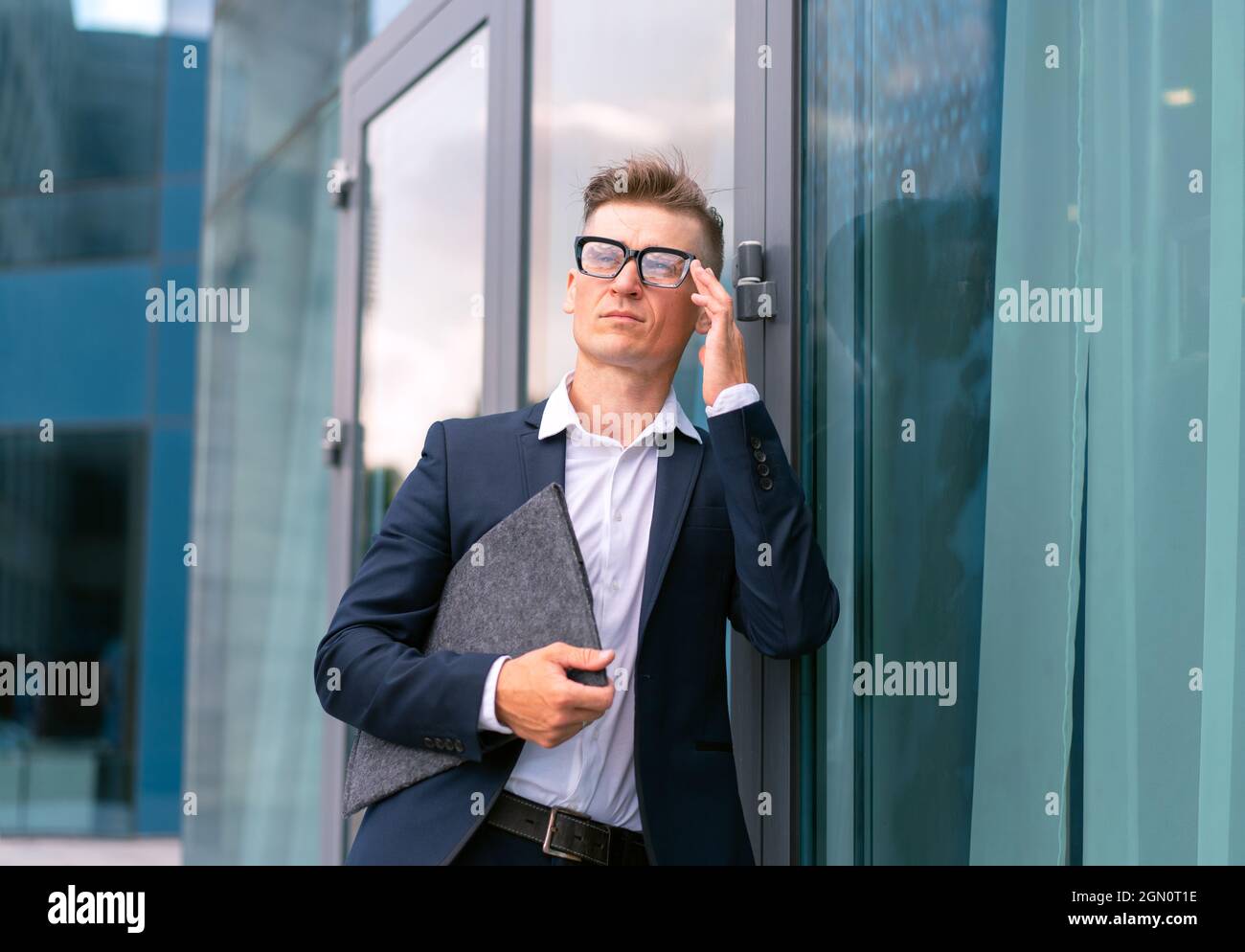 Business. Businessman Glasses With Folder Standing Office Building ...