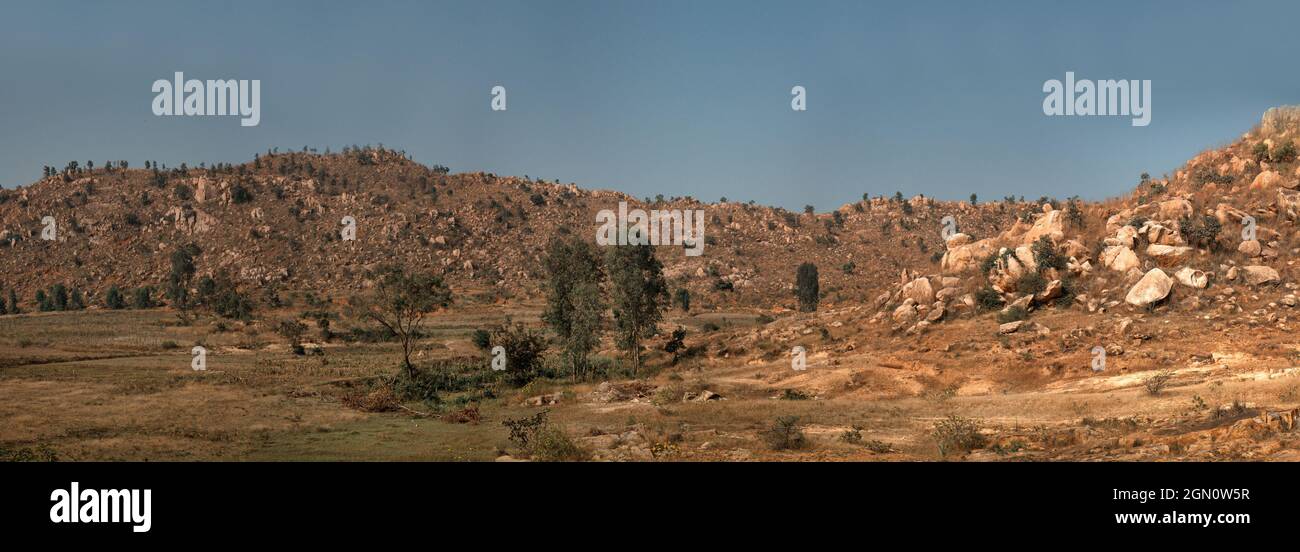 Dry hills and fields in the area of the Deccan plateau, India Stock ...